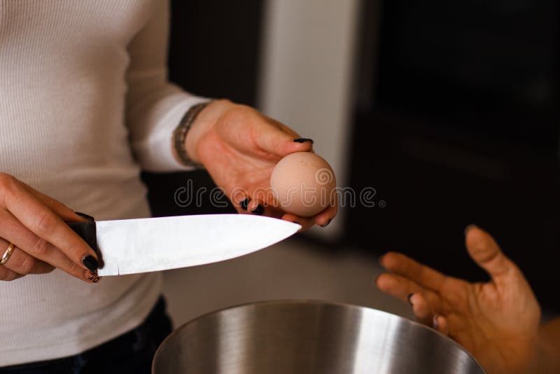 Hand Break Table Knife Shells Quail Egg Closeup Stock Photo - Image of ...