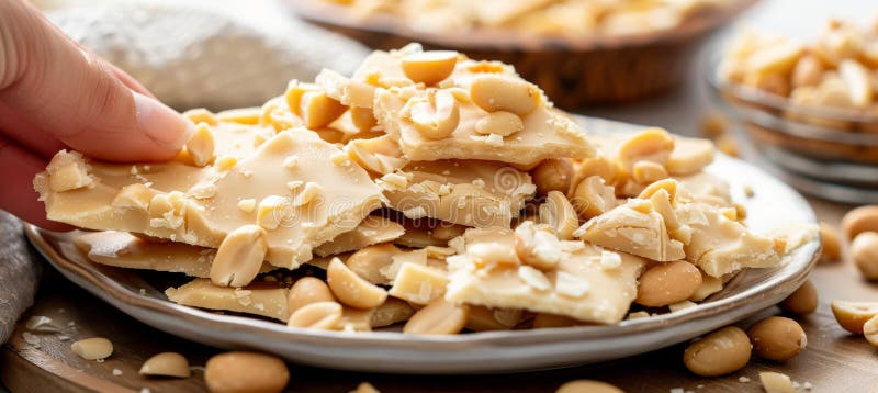 Hand Breaking Crispy Peanut Brittle with Peanuts, Shattered Pieces on ...