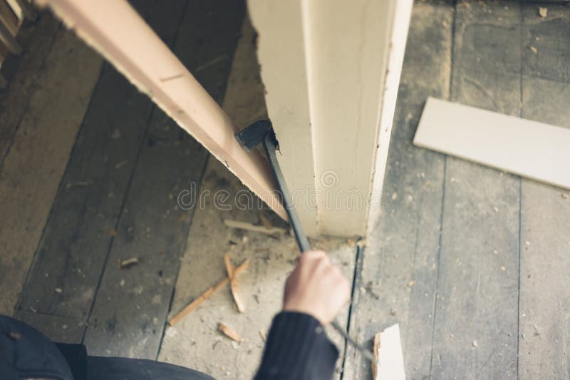 Hand Breaking Door Frame with Crowbar Stock Photo - Image of hand ...