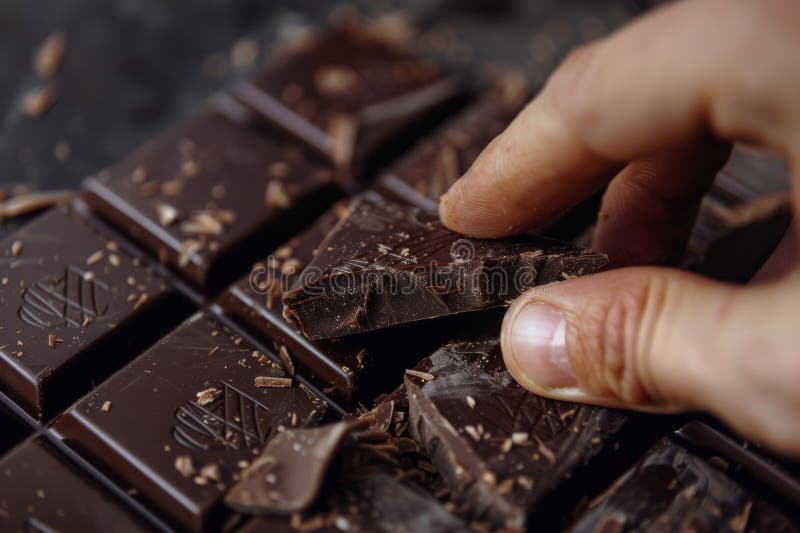 Hand Breaking a Piece of Dark Chocolate from a Chocolate Bar Stock ...