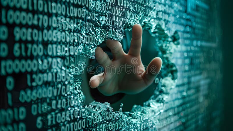 Hand Breaking through a Wall of Binary Code Symbol Stock Illustration ...