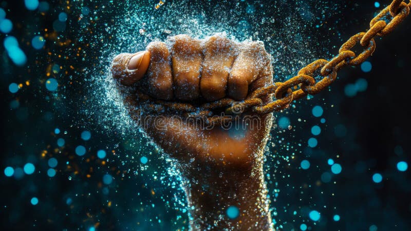 A Hand Breaks Free from Rusty Chains with Sparkling Water Stock ...