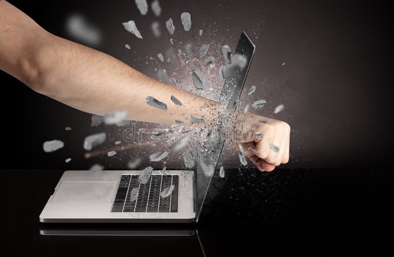Hand breaks laptop screen stock image. Image of computer - 151417065