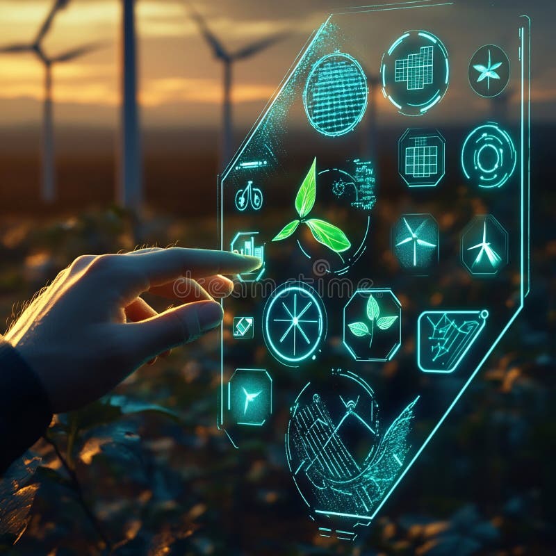 A Hand Browsing Environmental Energy Icons Over a Wind Farm Backdrop ...