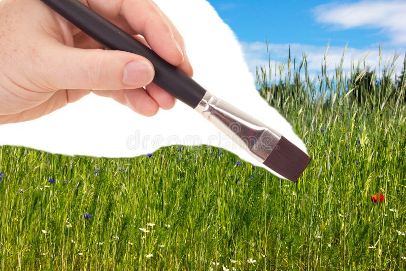 Hand with Brush Painting Landscape Stock Image - Image of hayfield ...