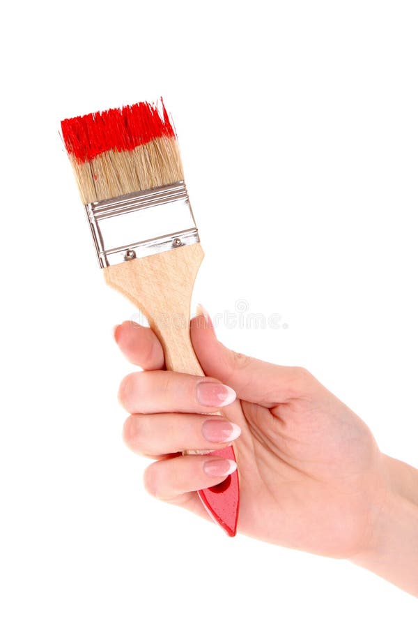 Hand with Brush and Red Paint Isolated Stock Photo - Image of hold ...