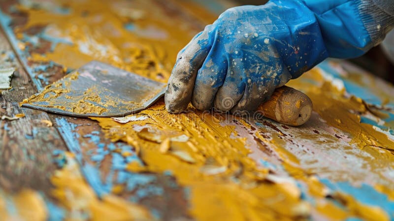 Hand of Builder in Blue Gloves Using Construction Spatula To Remove Old ...