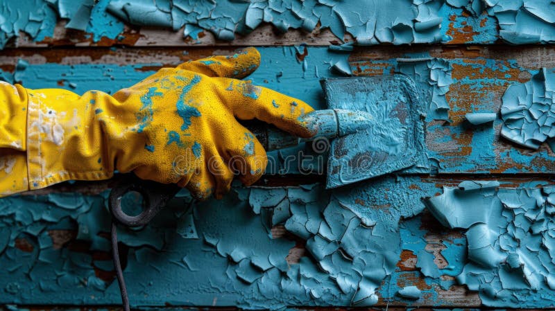 Hand of Builder in Yellow Gloves Using Construction Spatula To Remove ...