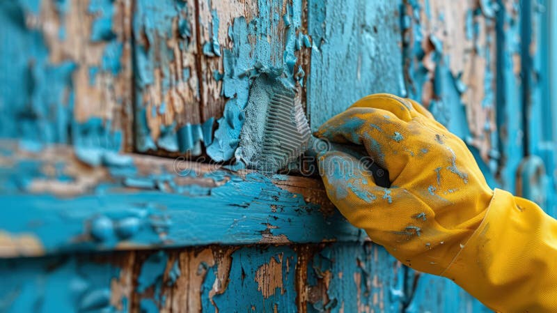 Hand of Builder in Yellow Gloves Using Construction Spatula To Remove ...