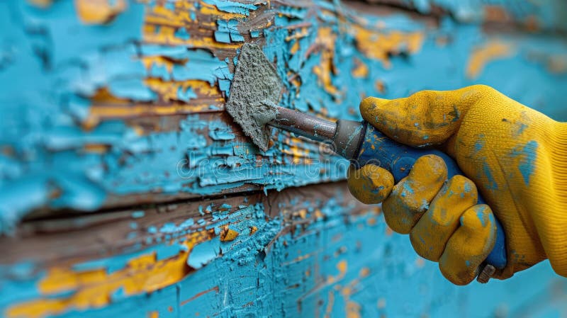 Hand of Builder in Yellow Gloves Using Construction Spatula To Remove ...