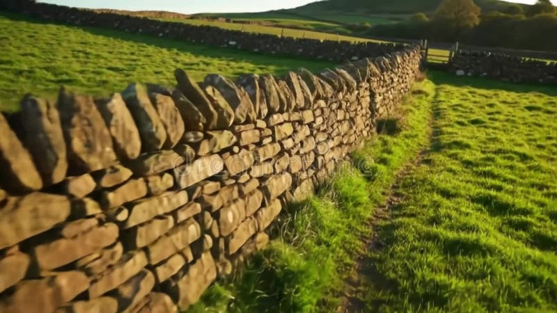 A Hand-built Stone Wall Separating Two Grassy Fields Stock Footage ...