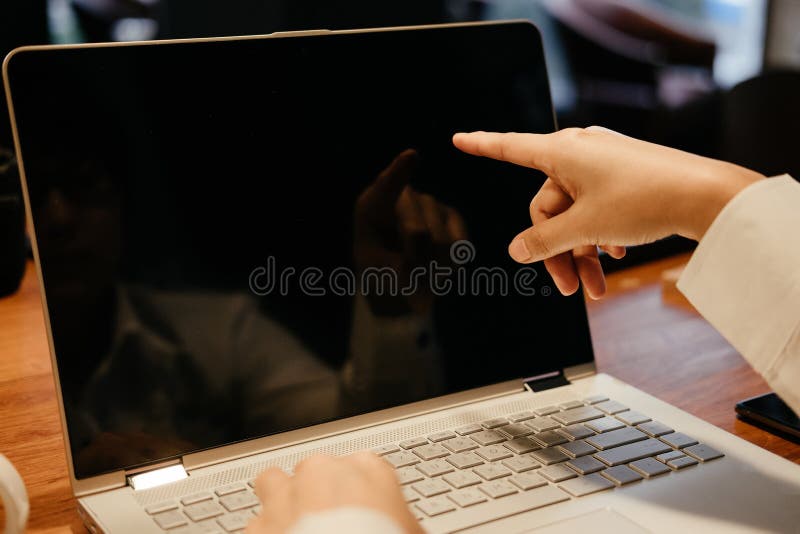 Hand of Business Man Touch on Black Screen Labtop and Other Hand Stock ...