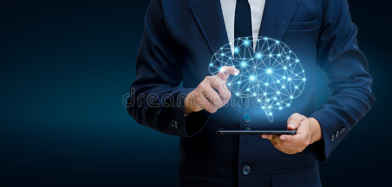 AI Hand Business People Press the Phone. Brain Graphic Binary Blue ...
