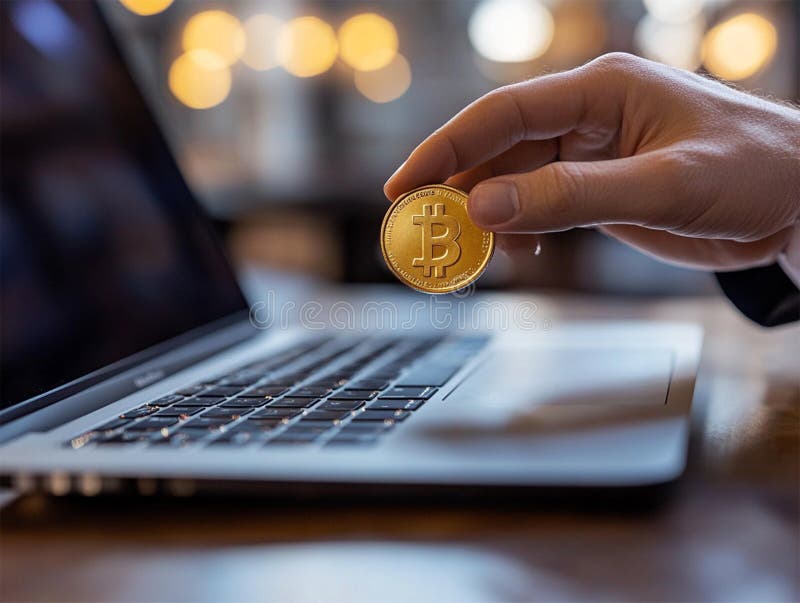 Hand in Business Suit Bitcoin Cryptocurrency Coin Puts into Laptop ...