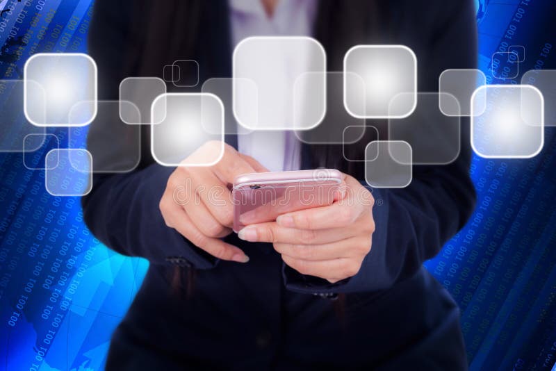 Hand of Business Women Pushing a Button on a Touch Screen Smartphone ...