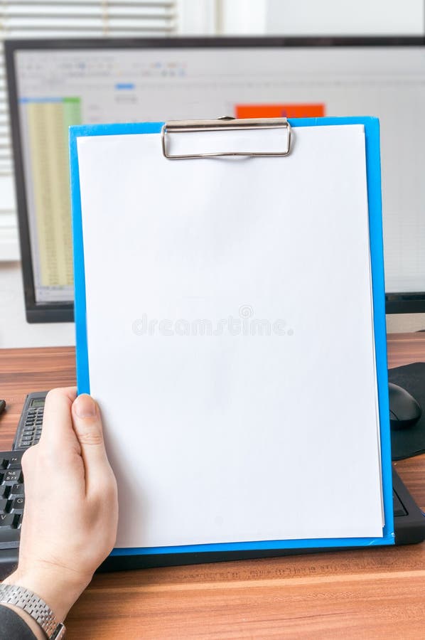 Hand of Businessman is Holding Blank Clipboard in Office. Empty Stock ...