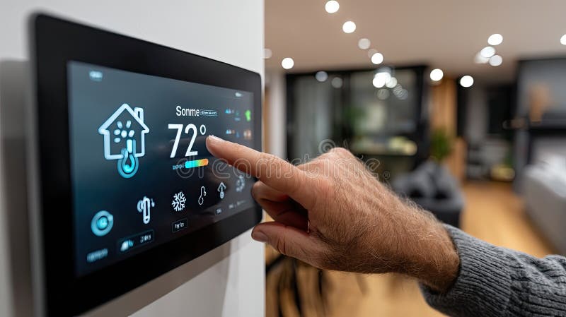 Hand of Businessman Interacts with Smart Control Panel To Manage ...
