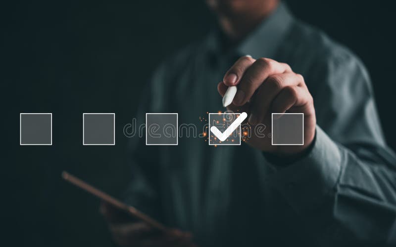 Hand of Businessman Marking Checkbox on a Digital Interface. Depicts ...