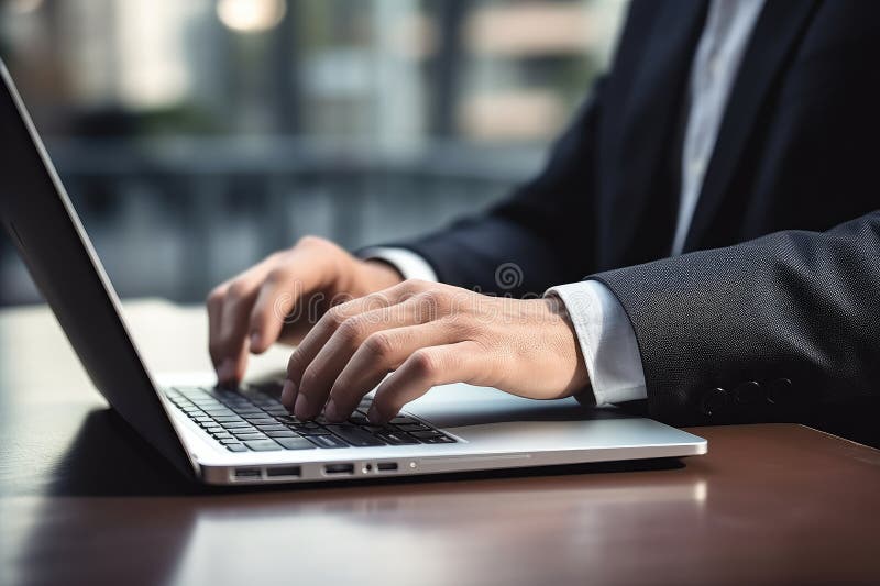 The Hand of a Businessman Pressing a Laptop Keyboard on a Table, a ...