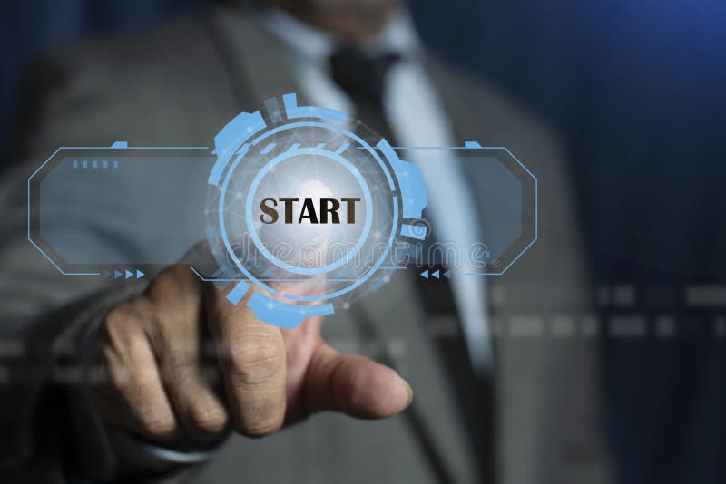 Hand Businessman Pressing Start Button. Beginning of a Process or ...