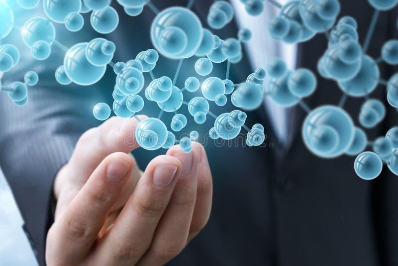 Hand of a Businessman Shows the Molecules . Stock Image - Image of ...