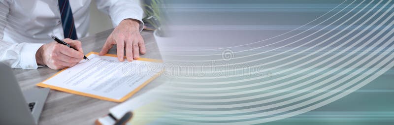 Hand of Businessman Signing a Document; Panoramic Banner Stock Photo ...