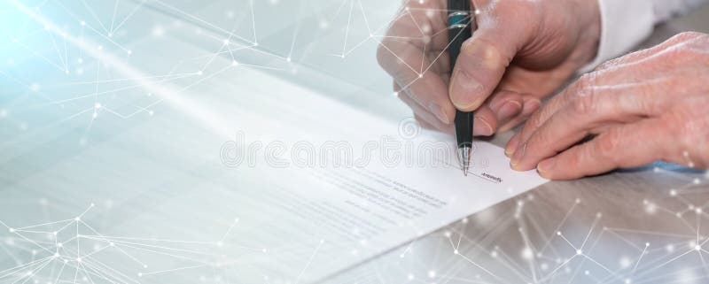 Hand of Businessman Signing a Document; Panoramic Banner Stock Photo ...