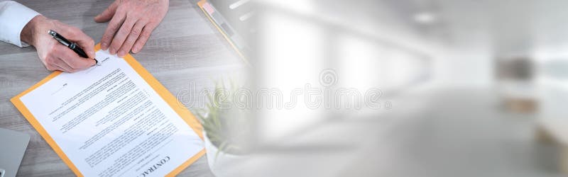 Hand of Businessman Signing a Document; Panoramic Banner Stock Image ...