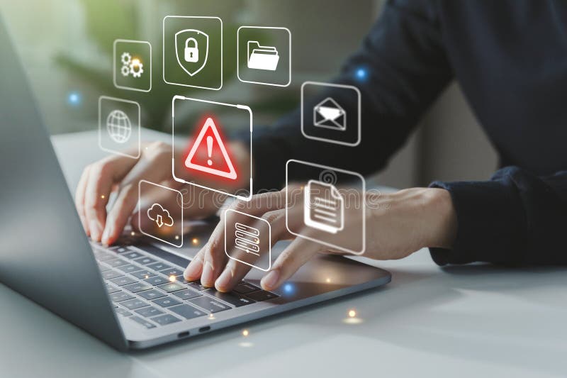 Hand of Businessman Using Laptop with Caution Warning Sign Stock Photo ...