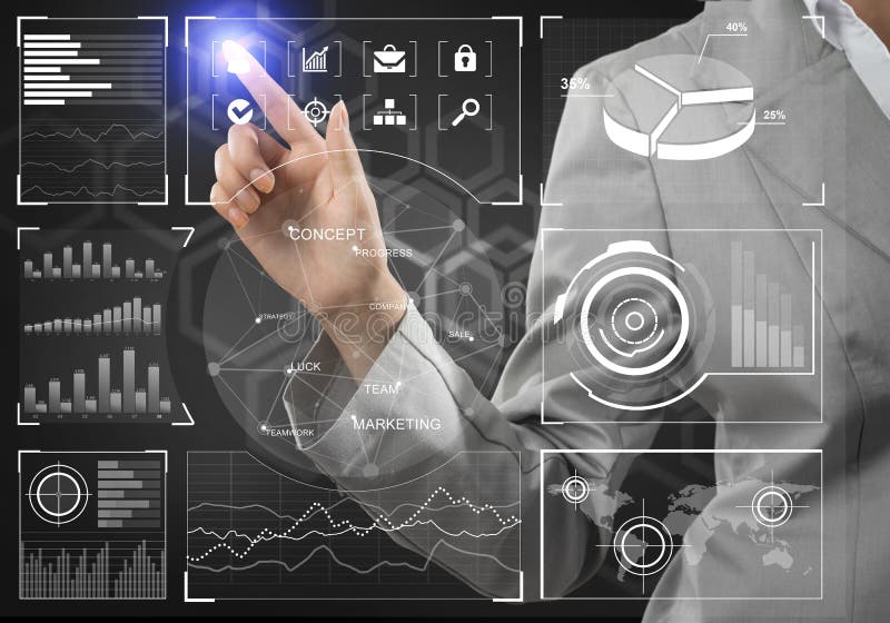 Hand of Businesswoman Pressing with Finger Icon on Media Screen Stock ...