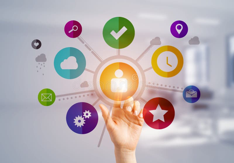 Modern Office Interior and Close of Businesswoman Hand Choosing Icon on ...