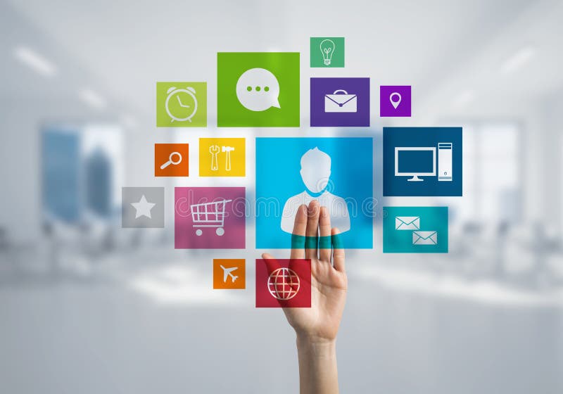 Modern Office Interior and Close of Businesswoman Hand Choosing Icon on ...