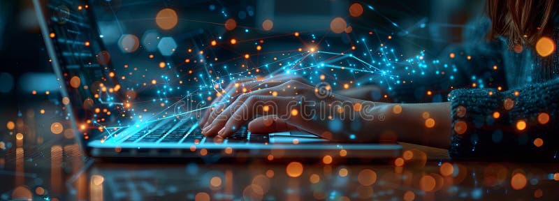 Hand of Businesswoman Typing on Laptop Computer with Digital Connection ...