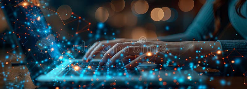 Hand of Businesswoman Typing on Laptop Computer with Digital Connection ...