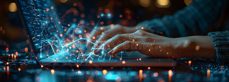 Hand of Businesswoman Typing on Laptop Computer with Digital Connection ...