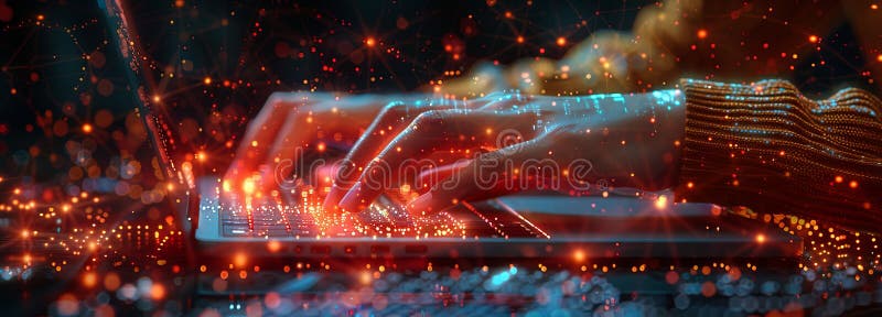 Hand of Businesswoman Typing on Laptop Computer with Digital Connection ...