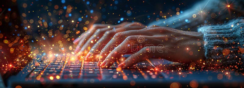Hand of Businesswoman Typing on Laptop Computer with Digital Connection ...