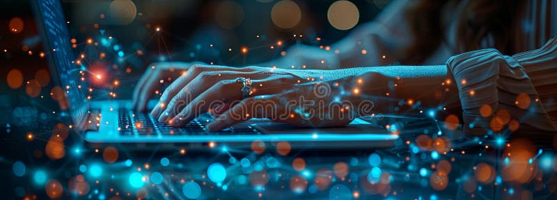 Hand of Businesswoman Typing on Laptop Computer with Digital Connection ...