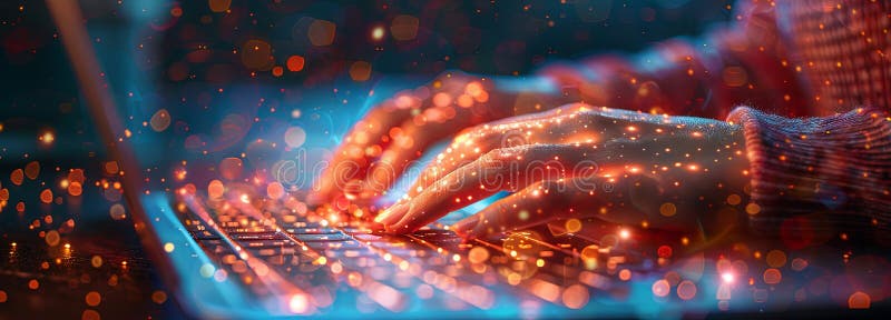 Hand of Businesswoman Typing on Laptop Computer with Digital Connection ...