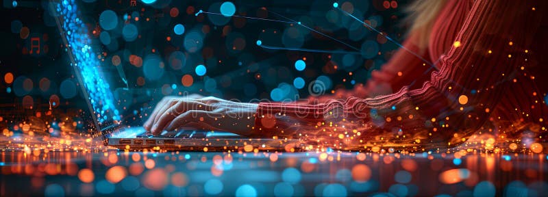 Hand of Businesswoman Typing on Laptop Computer with Digital Connection ...