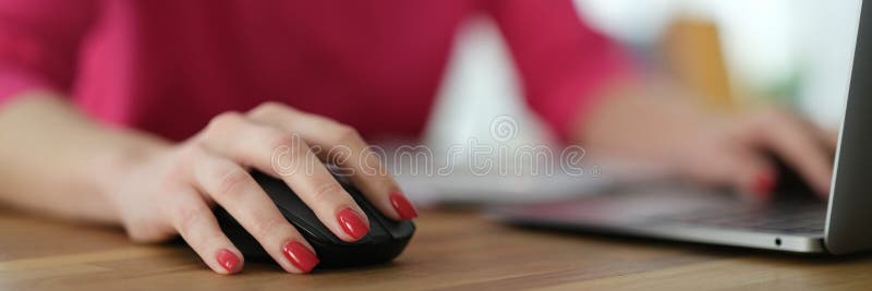 Hand Of Businesswoman Working At Computer Using Mouse Closeup Stock Image Image Of Marketing