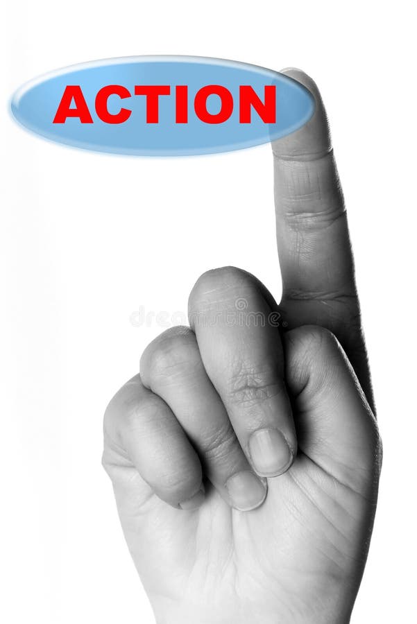 Hand and Button with Word Isolated on White Stock Photo - Image of ...