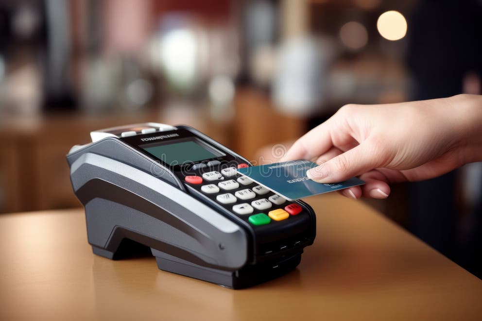 Hand with Card and Electronic Terminal for Contactless Payment on Table ...