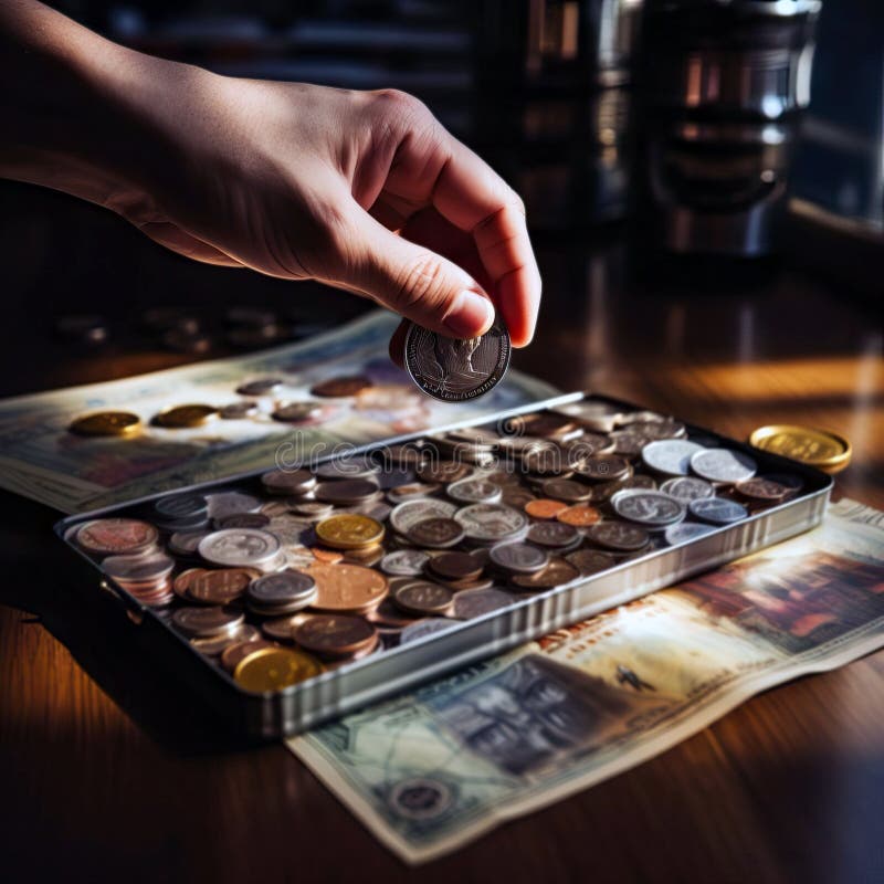 Hand Carefully Inserting a Coin into a Box of Various Coins on a Wooden ...