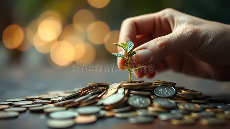 A Hand Carefully Placing a Small Seedling in a Pile of Coin Stock ...