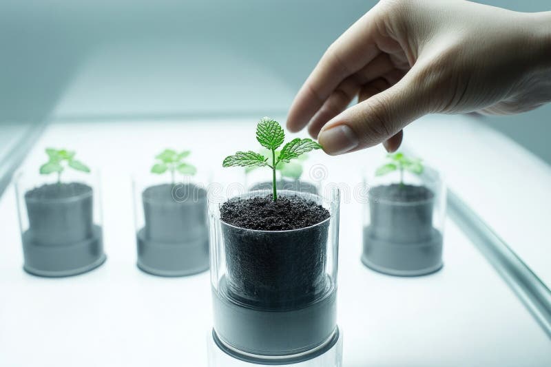 Hand Caring for Young Plant in Soil Sample within Laboratory Setting ...
