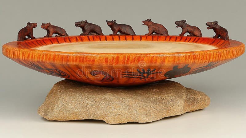 Hand Carved Wooden Bowl with Bears and Stone Base Stock Photo - Image ...