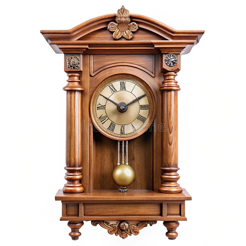 Hand-carved Wooden Clock with Roman Numerals and Pendulum Stock ...
