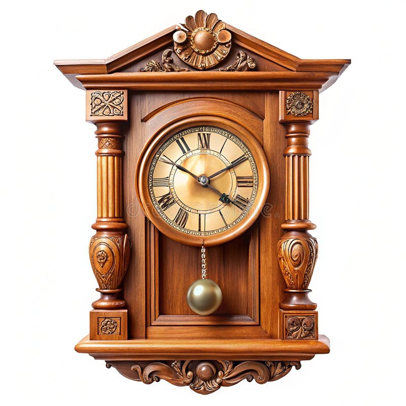 Hand-carved Wooden Clock with Roman Numerals and Pendulum Stock ...