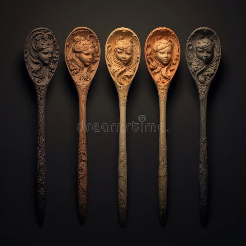 Hand-carved Wooden Spoons on a Black Background Stock Illustration ...